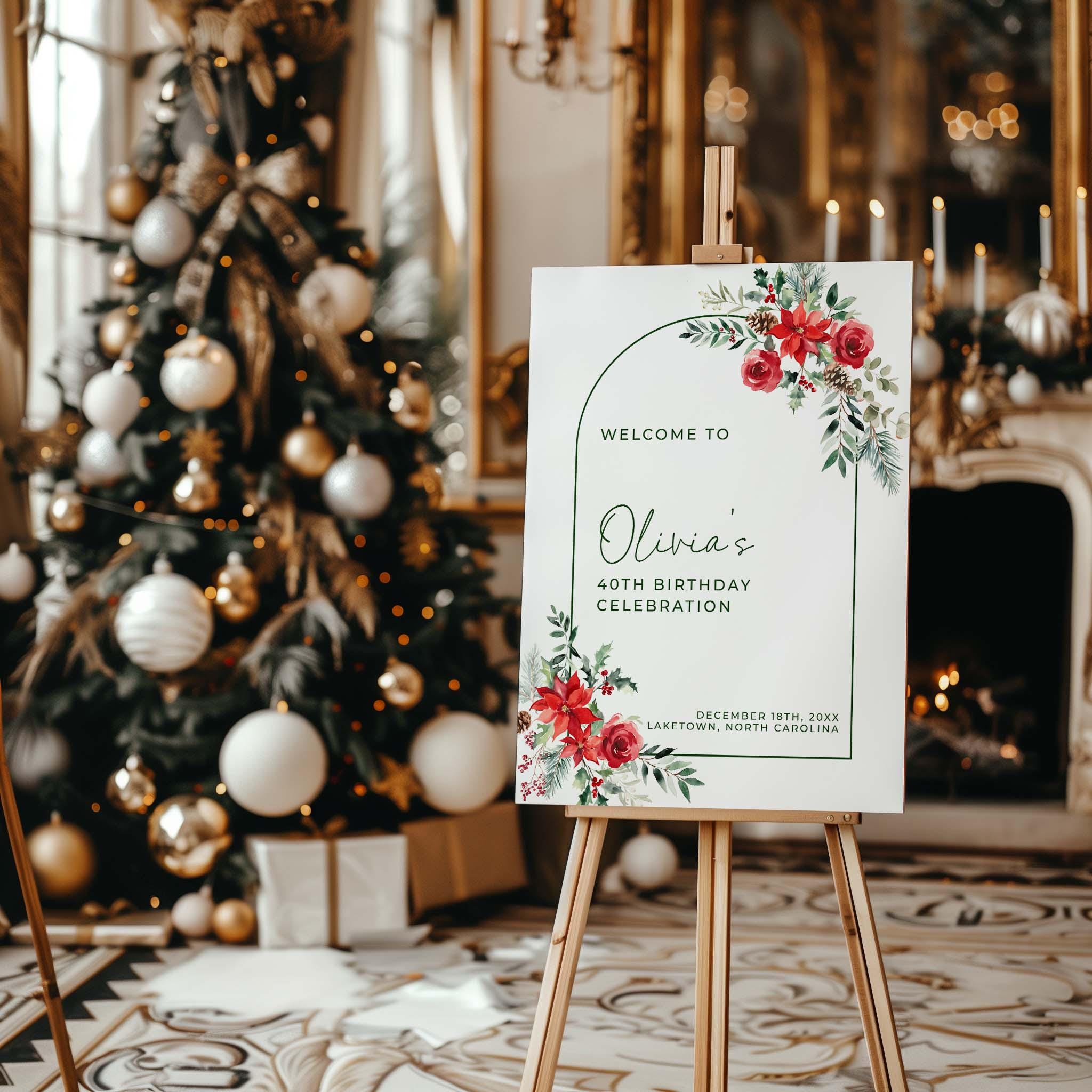 Christmas Birthday Party Welcome Sign Editable Template, Poinsettia ...