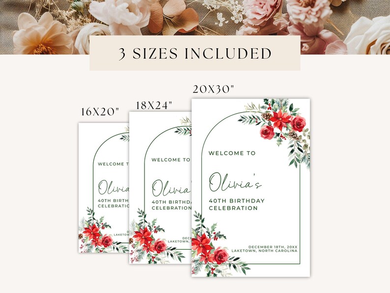 Christmas Birthday Party Welcome Sign Editable Template, Poinsettia ...