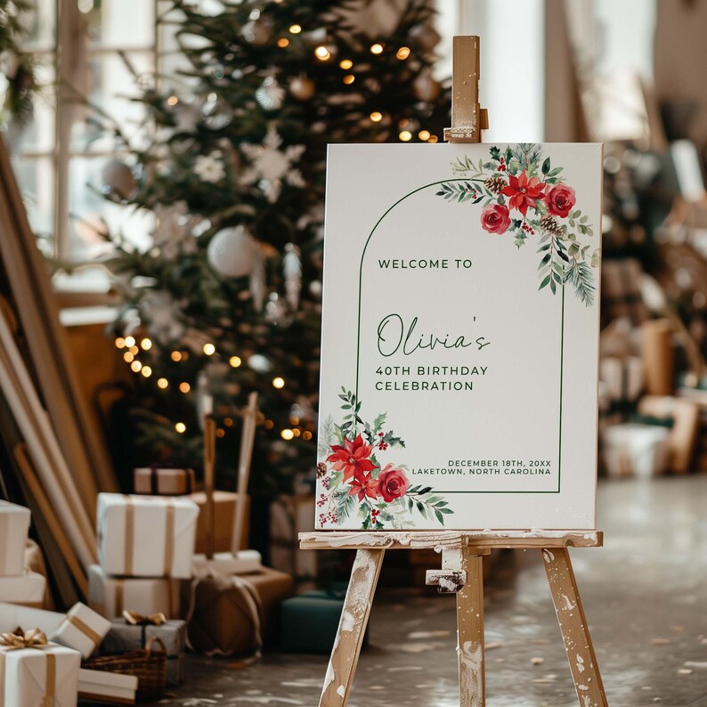 Christmas Birthday Party Welcome Sign Editable Template, Poinsettia ...