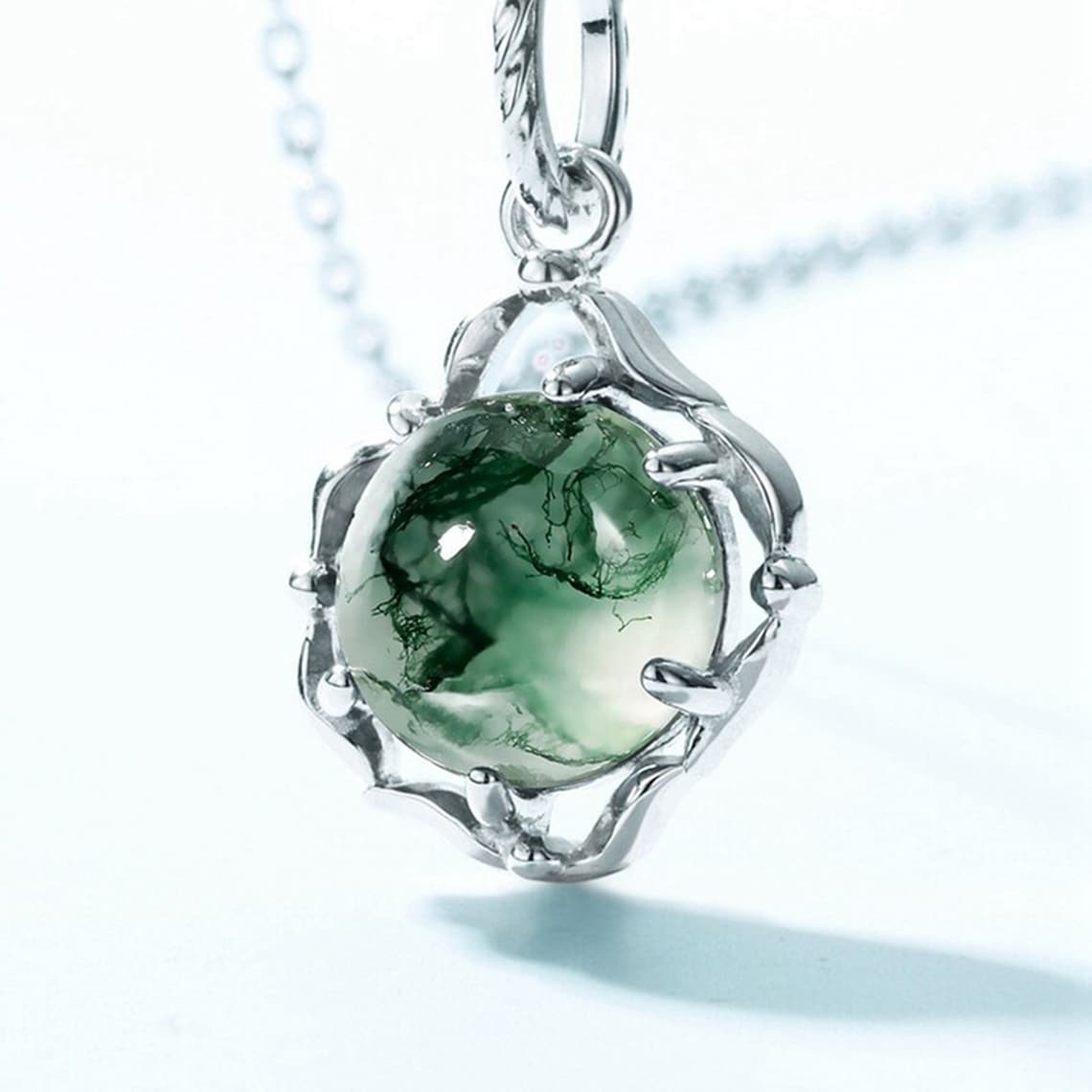 Round Natural Moss Agate Necklace Natural Inspired Leaf Charm Necklace ...