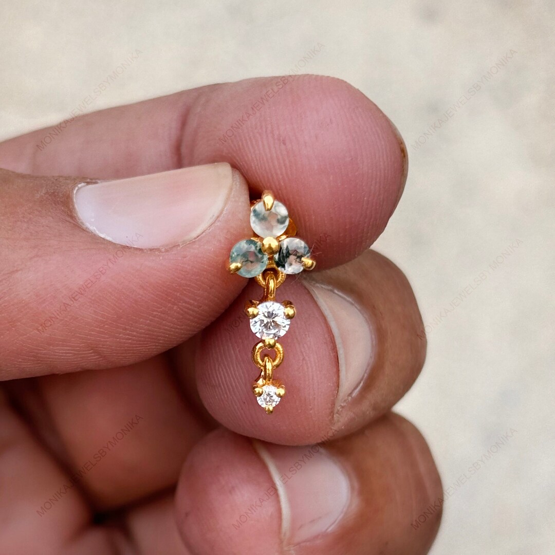 14K Solid Gold Moss Agate Round Stud Earring/push Back Stud Earring ...