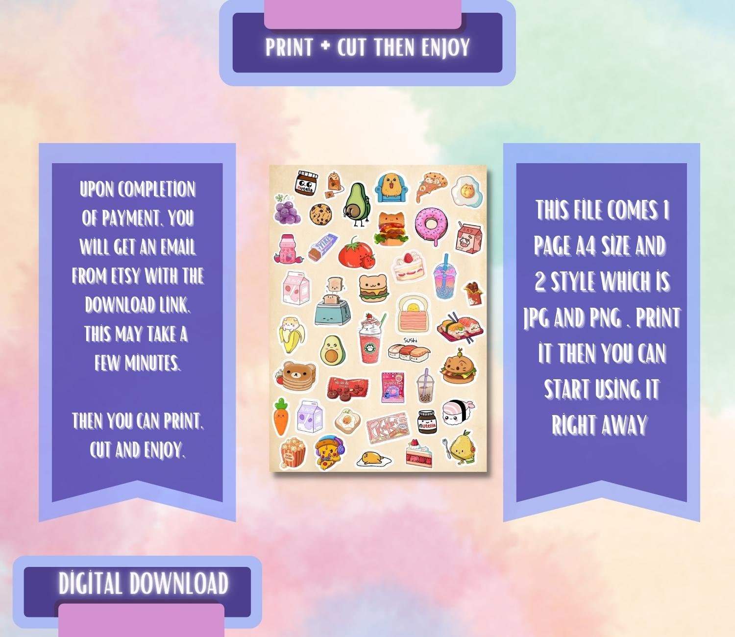 Printable Kawaii Food Stickers Cute Kawaii Stickers Small Etsy