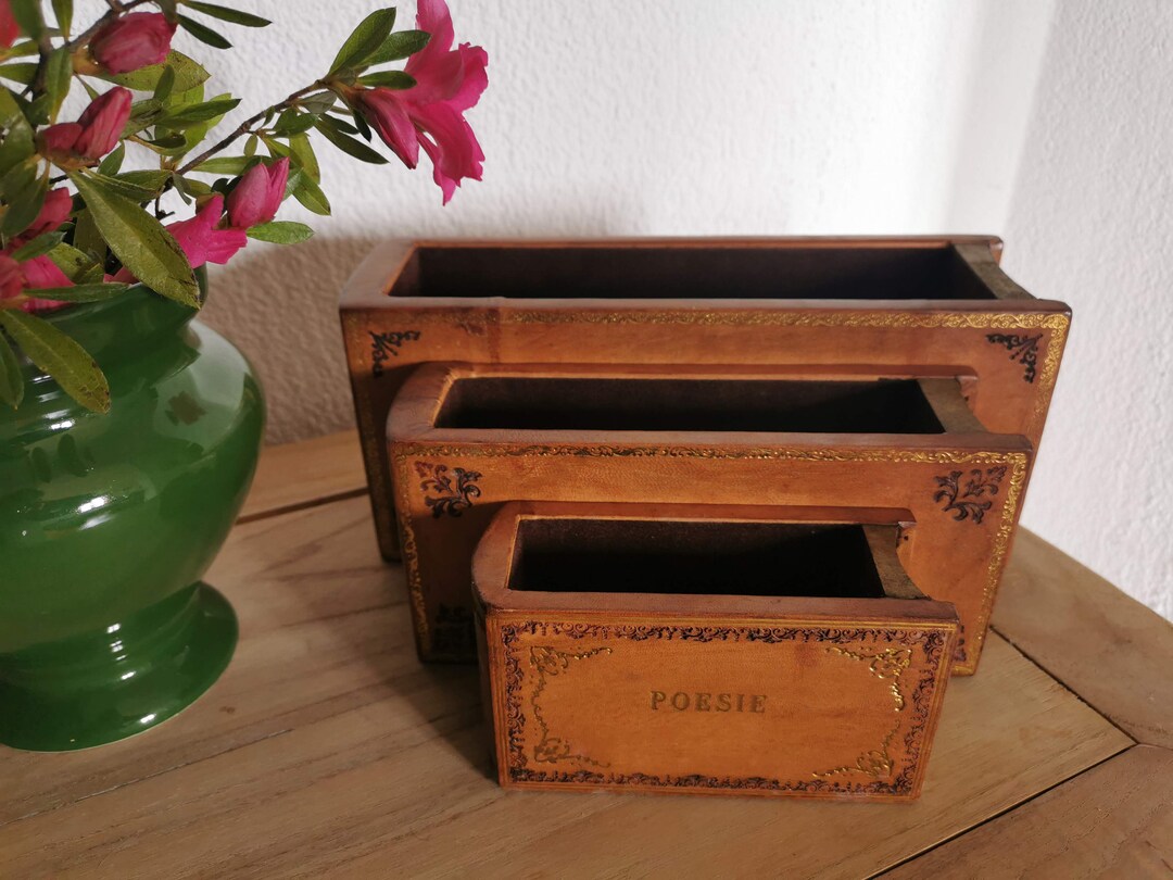 Tan Leather Letter Holder, Ribbed Shape of Old Books With Engravings ...