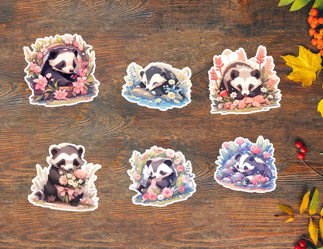Cute Badger Sticker Set: 6 Kawaii Badger Illustrations, Vinyl Pack With ...