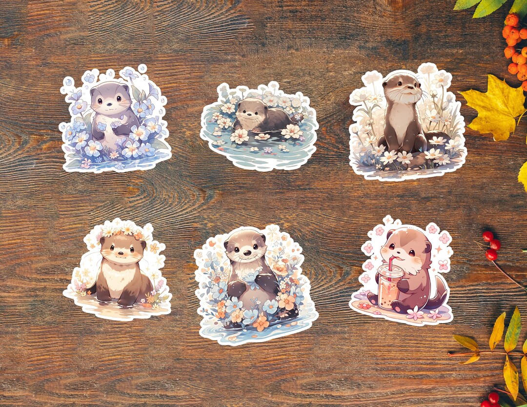 Cute Otter Sticker Set: 6 Adorable Otters With Flowers for a Charming ...