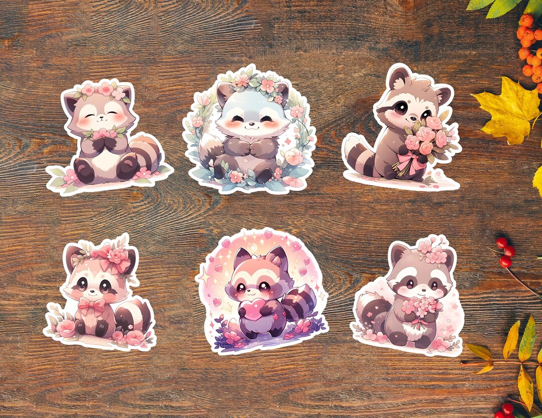 Cute Racoon Sticker Set: 6 Adorable Racoon With Flowers for a Charming ...
