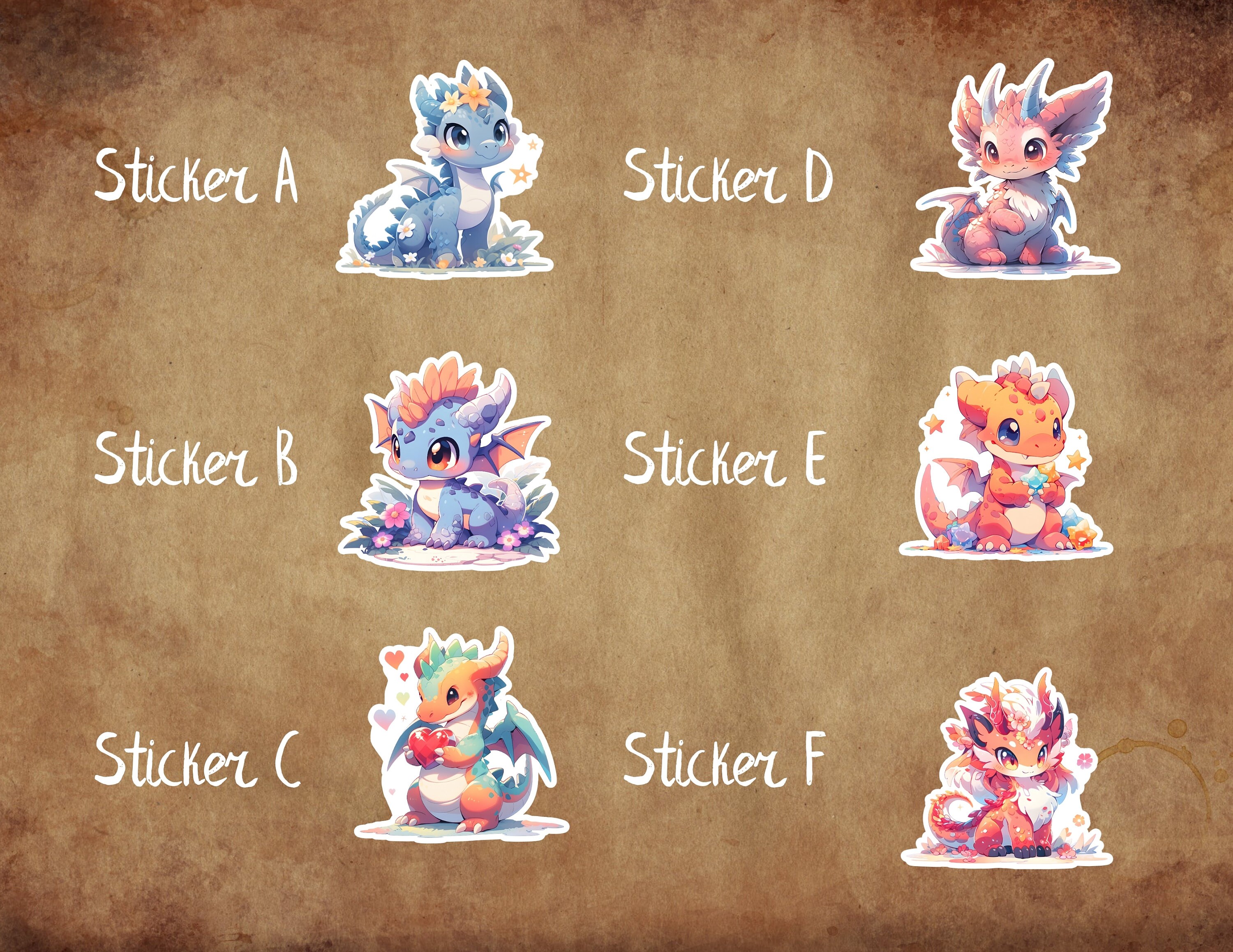 Adorable Kawaii Dragon Sticker Pack Set of 6 Embrace Fantasy With Cute ...