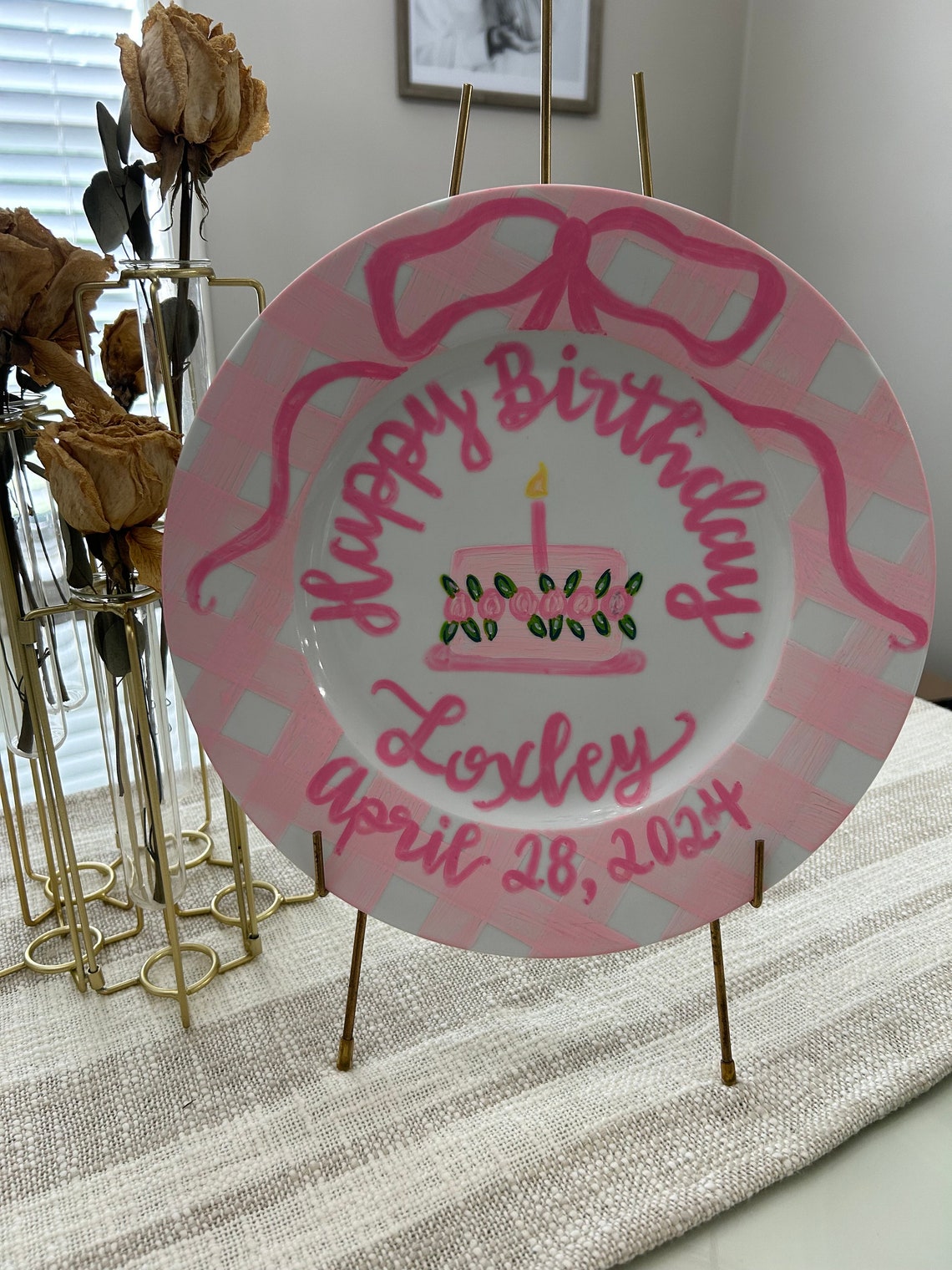 Girls Pink Gingham Birthday Cake Plate - Etsy