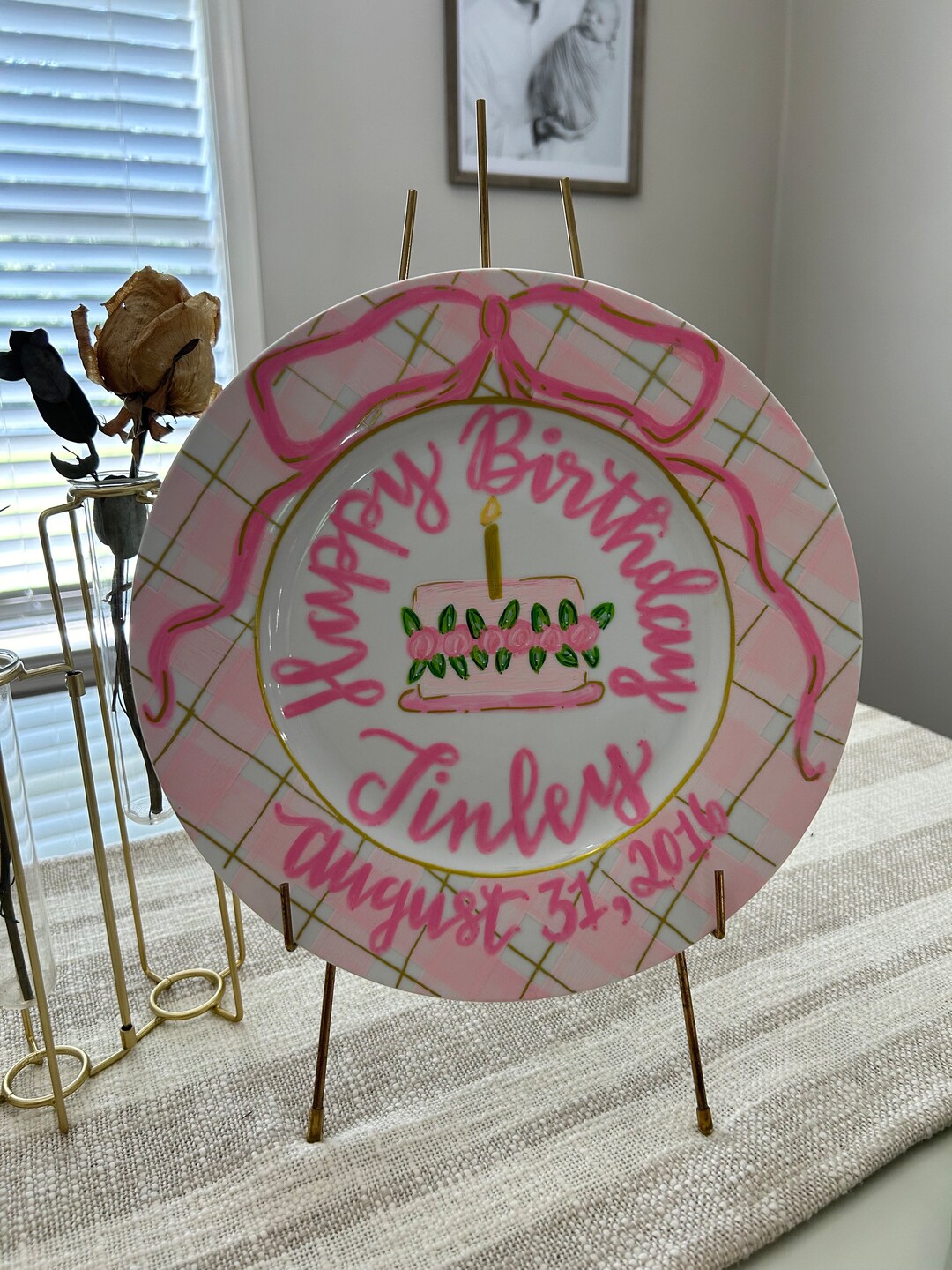 Girls Pink Gingham Birthday Cake Plate - Etsy