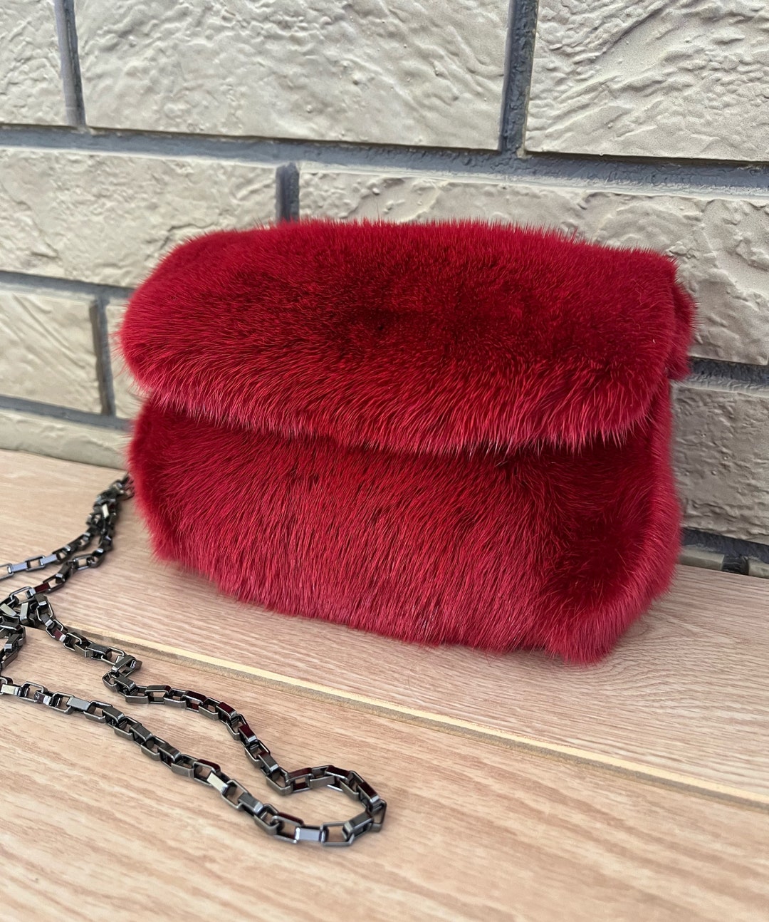 Small Red Mink Fur Luxury Clutch Bag for Women, Mink Fur Crossbody Bag ...