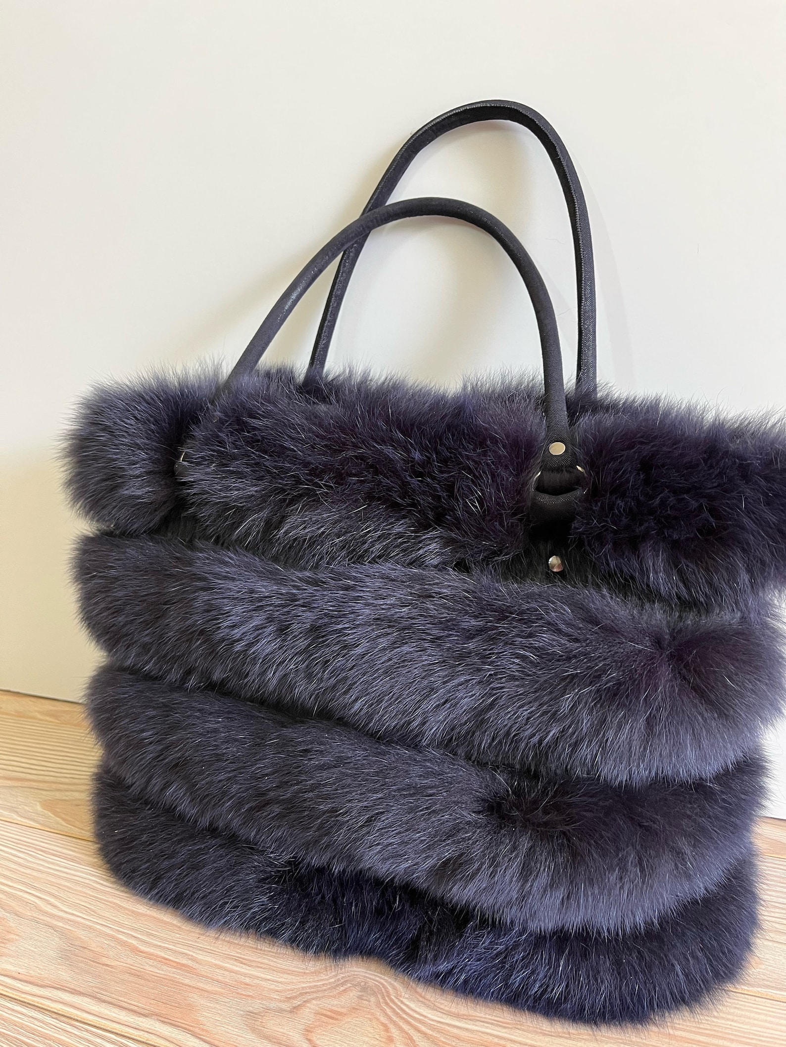 Navy Blue Fox Fur Handbag, Fur Shoulder Bag, Blue Fur Handbag, Women's ...
