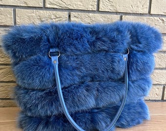 Petrol Blue Fox Fur Handbag, Blue Fox Fur Shoulder Bag Handbag, Women's ...
