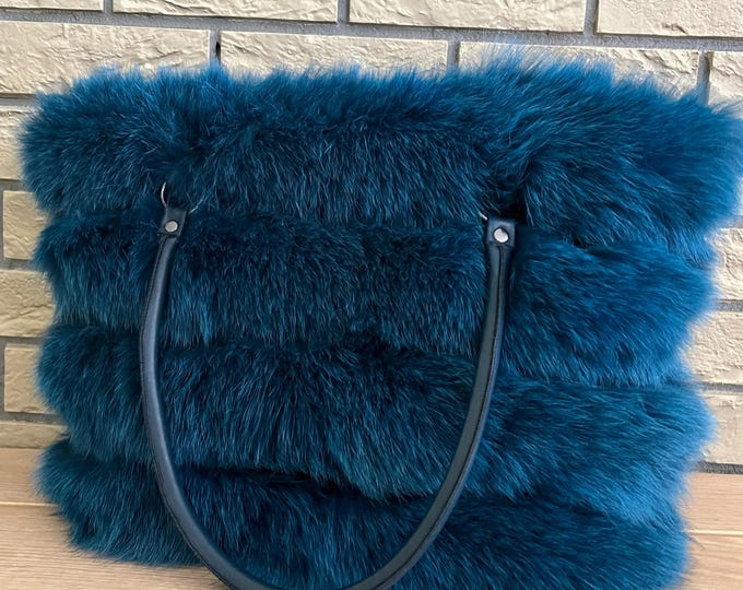 Petrol Blue Fox Fur Handbag, Blue Fox Fur Shoulder Bag Handbag, Women's ...