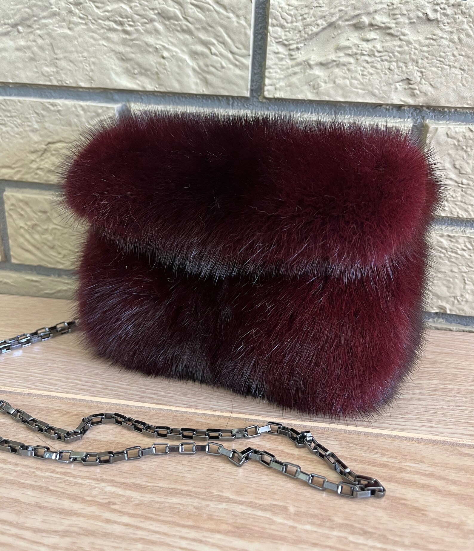 Burgundy Mink Fur Crossbody Bag, Real Mink Fur Handbag, Luxury Small ...