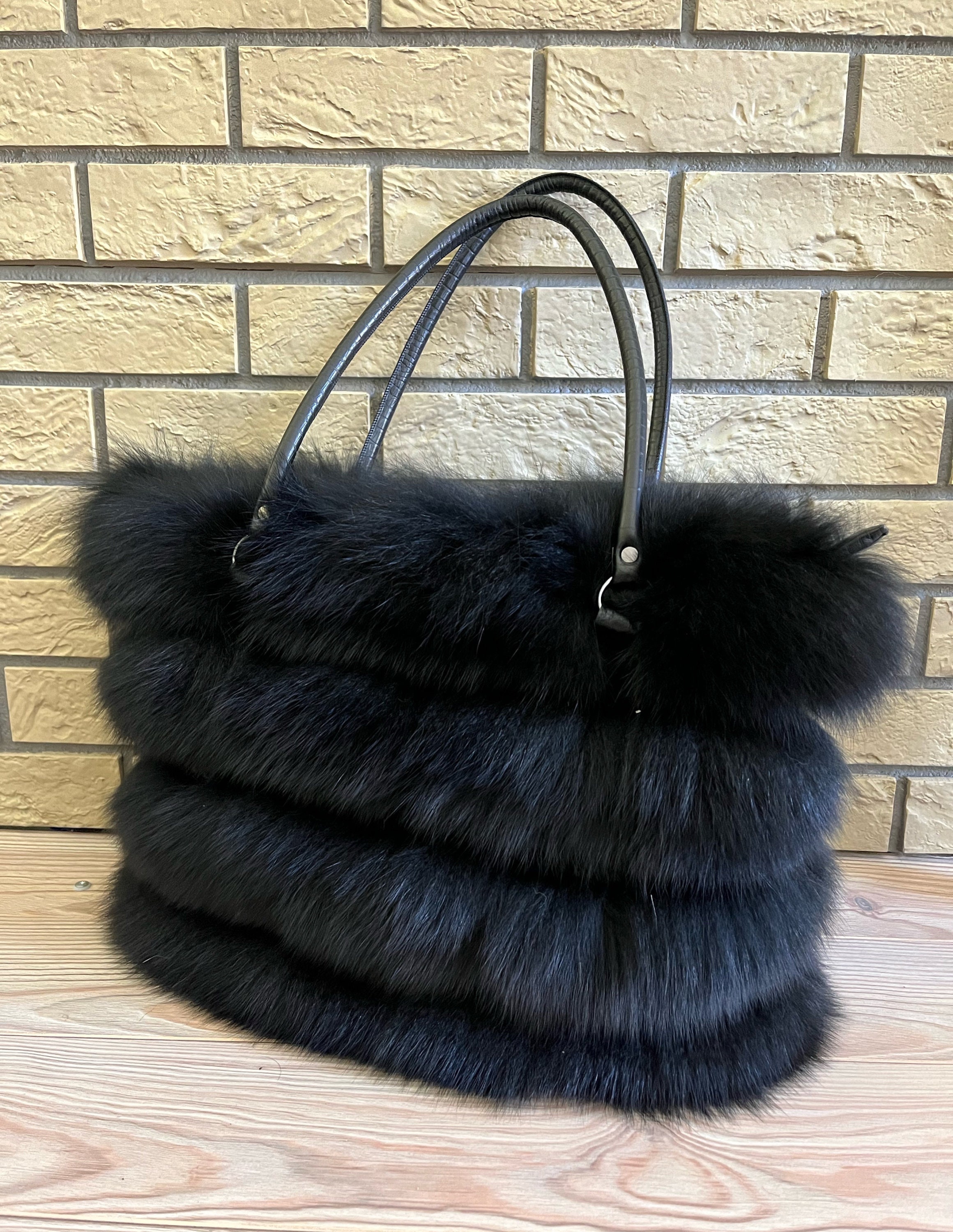 Black Fox Fur Handbag, Black Fur Shoulder Bag, Black Fur Handbag, Women ...
