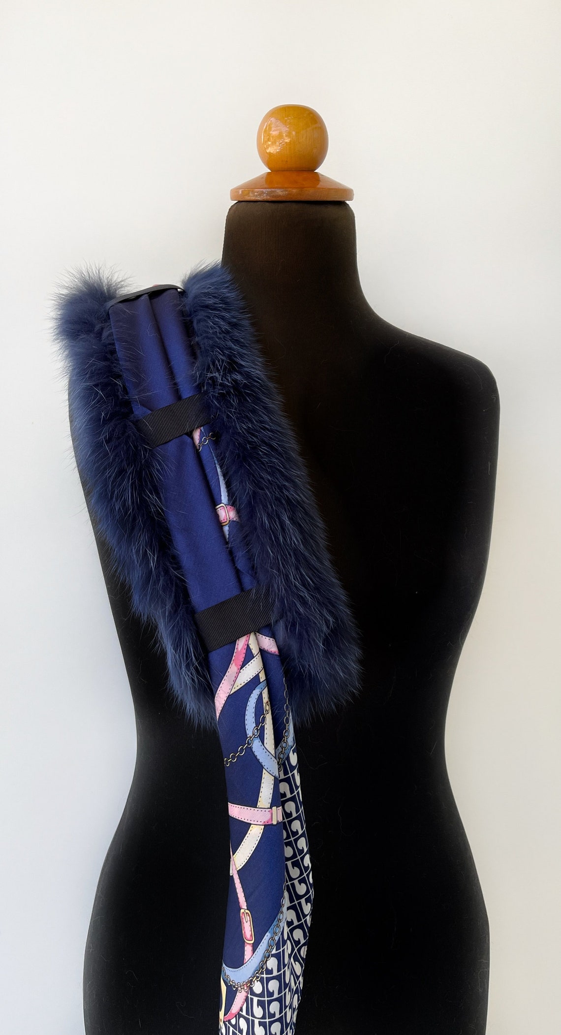Navy Blue Fox Fur Collar With Removable Scarf, Dark Blue Color Fur ...