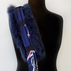 Navy Blue Fox Fur Collar With Removable Scarf, Dark Blue Color Fur ...