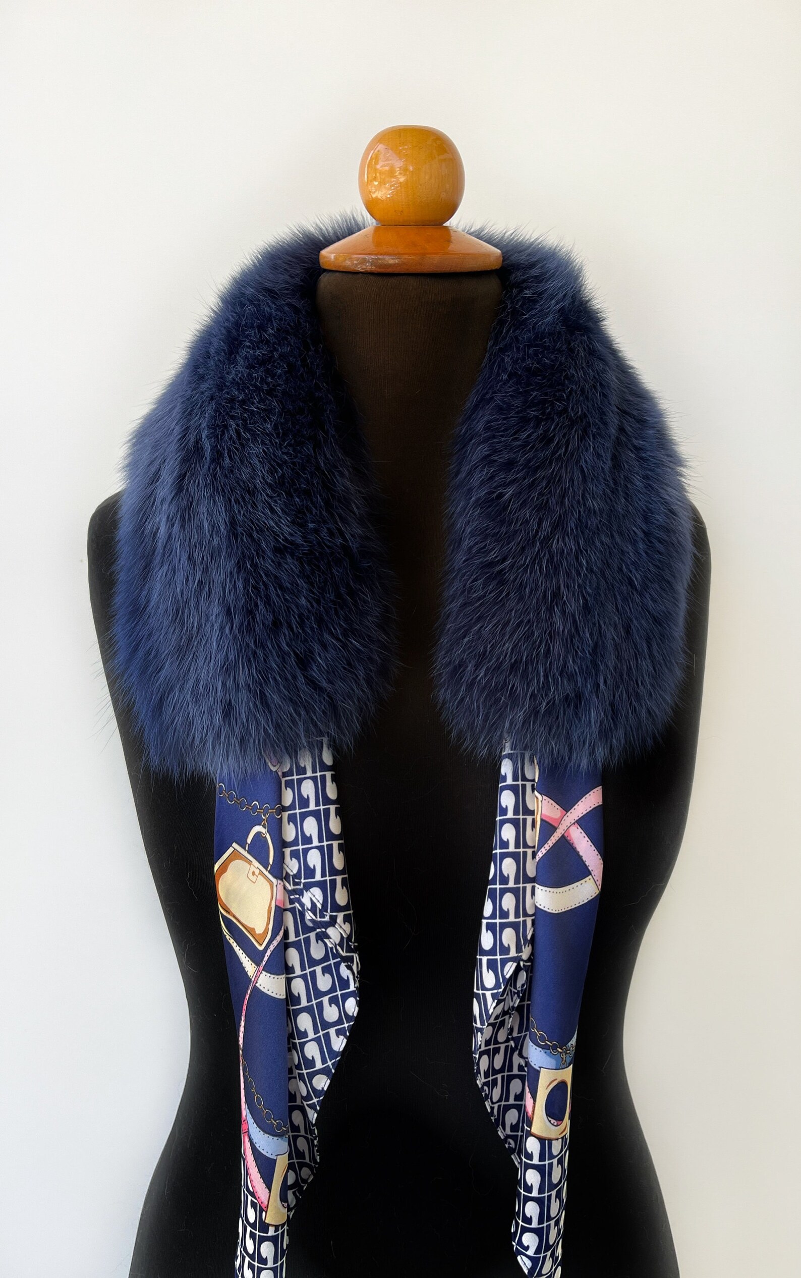 Navy Blue Fox Fur Collar With Removable Scarf, Dark Blue Color Fur ...