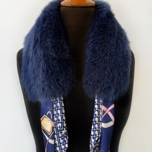 Navy Blue Fox Fur Collar With Removable Scarf, Dark Blue Color Fur ...