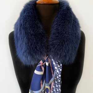 Navy Blue Fox Fur Collar With Removable Scarf, Dark Blue Color Fur ...
