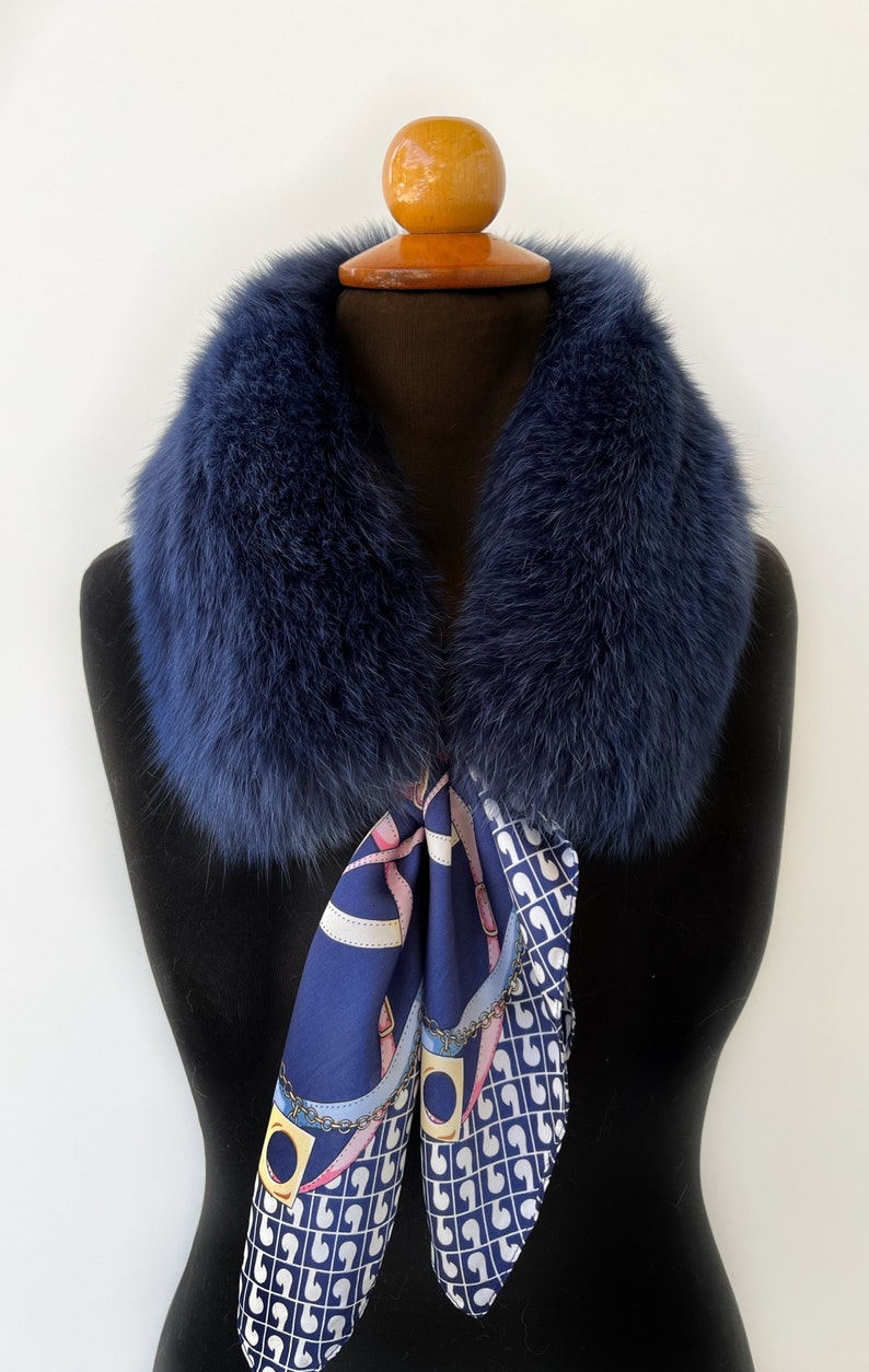 Navy Blue Fox Fur Collar With Removable Scarf, Dark Blue Color Fur ...