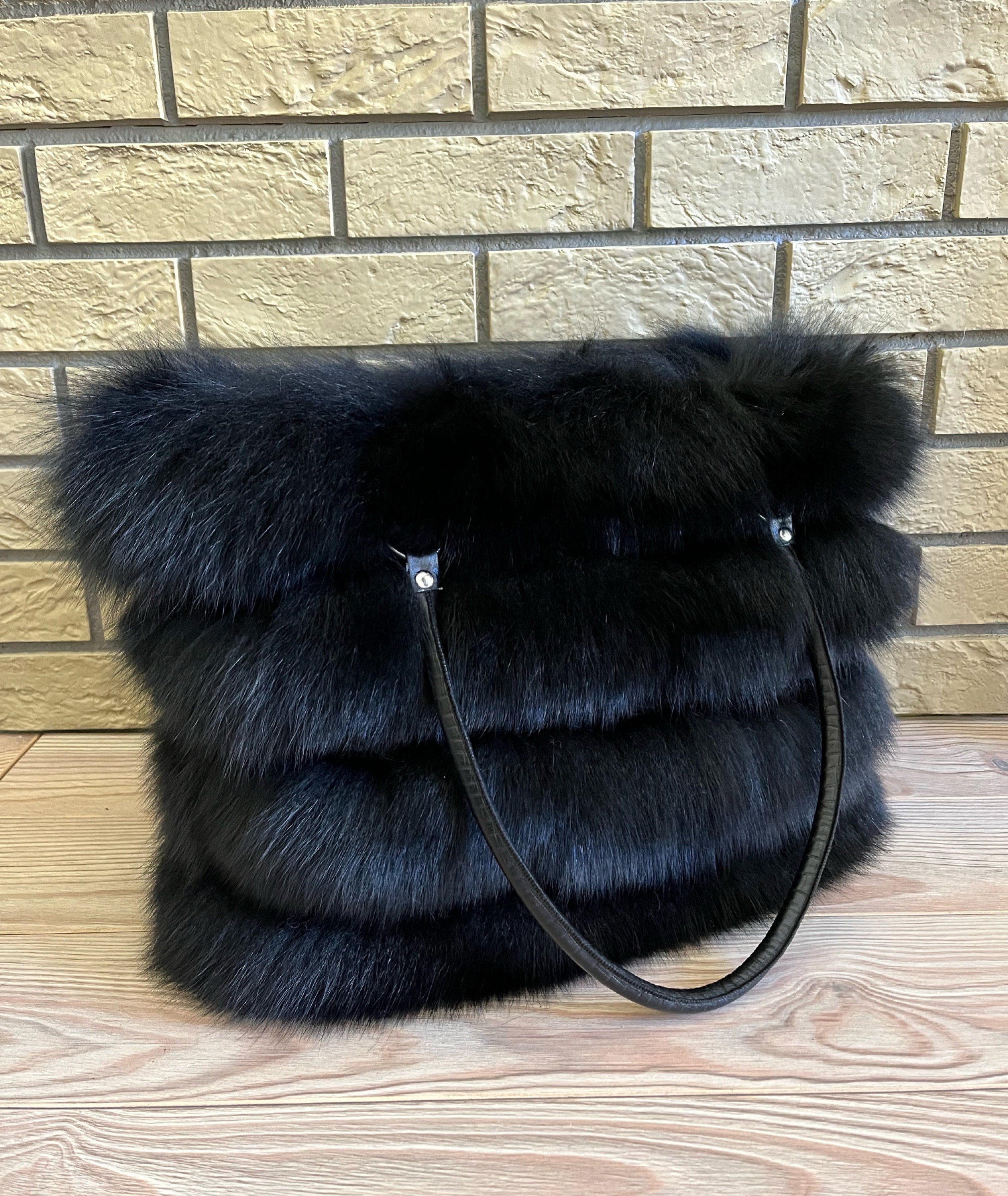 Black Fox Fur Handbag, Black Fur Shoulder Bag, Black Fur Handbag, Women ...