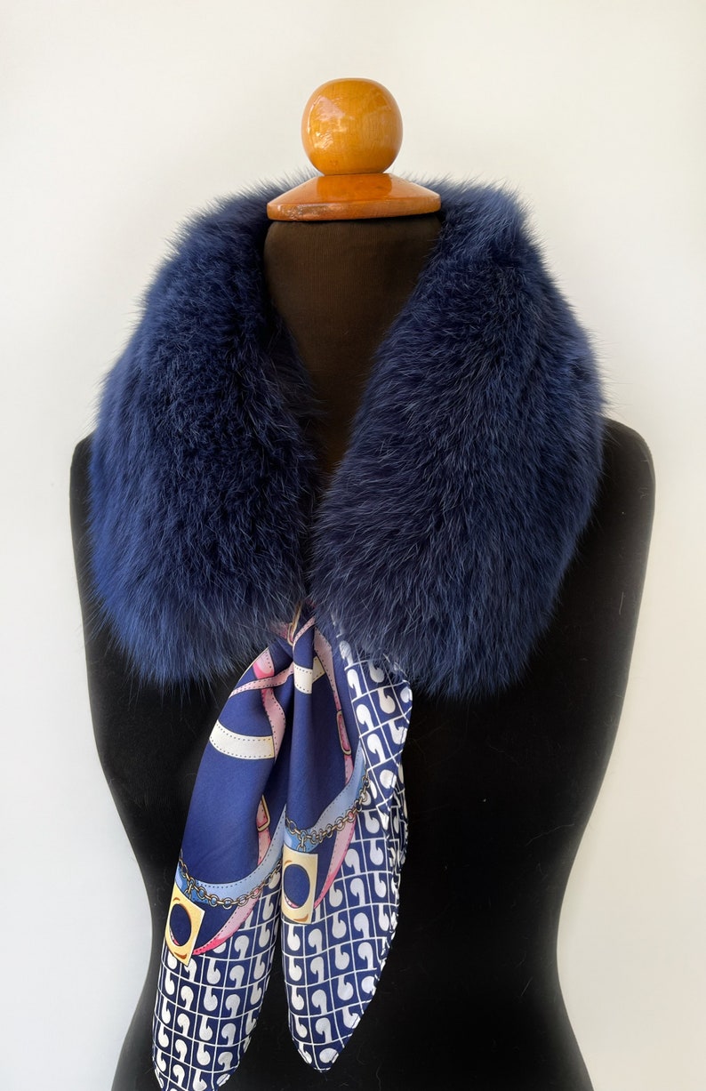 Navy Blue Fox Fur Collar With Removable Scarf, Dark Blue Color Fur ...