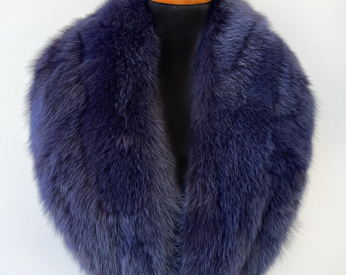 Blue Black Color Fox Fur Collar, Dark Blue Fur Collar, Fur Collar for ...