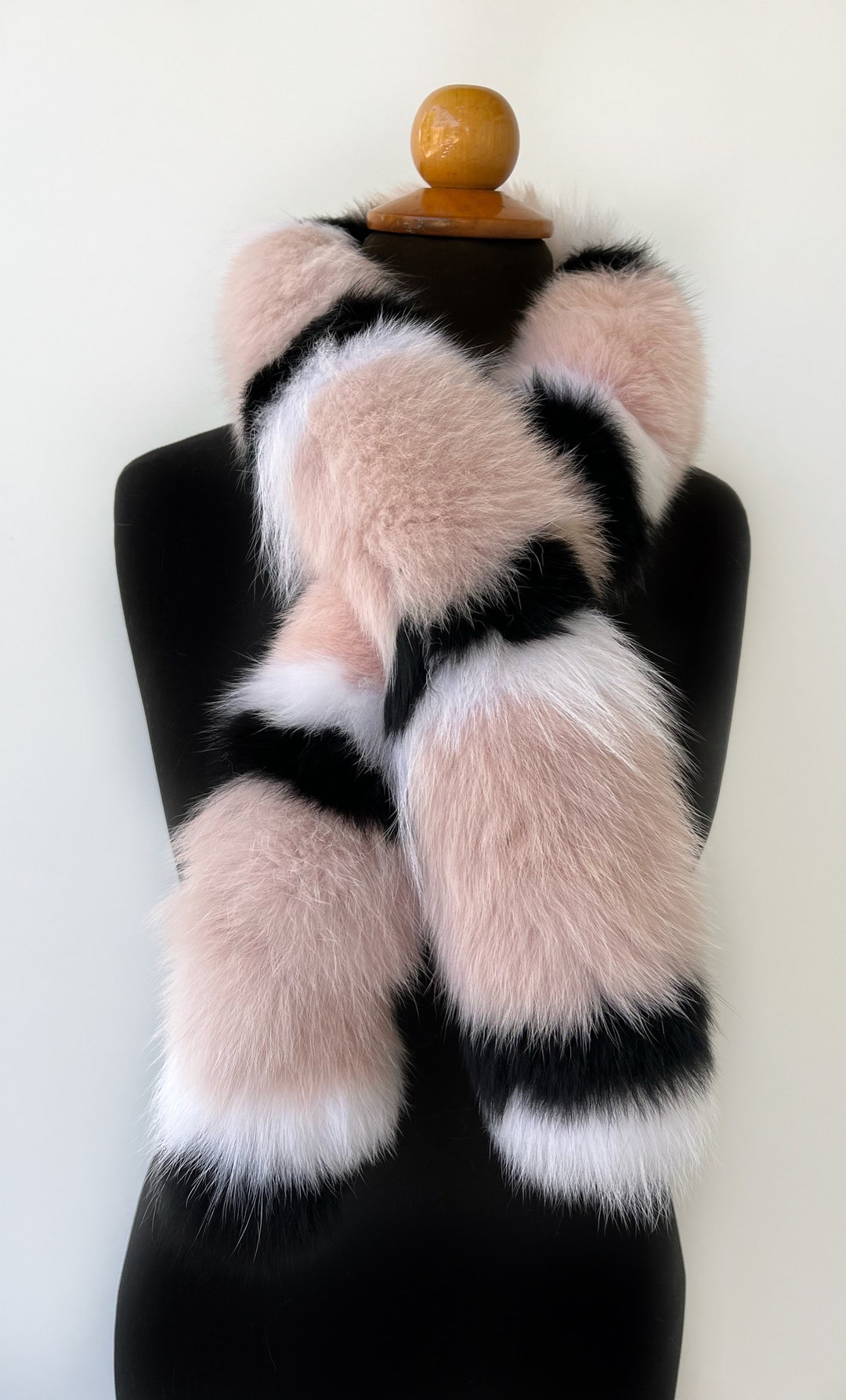 Pink Fox Fur Scarf, Real Fur Scarf, Luxury Fur Scarf, Pink and Black ...
