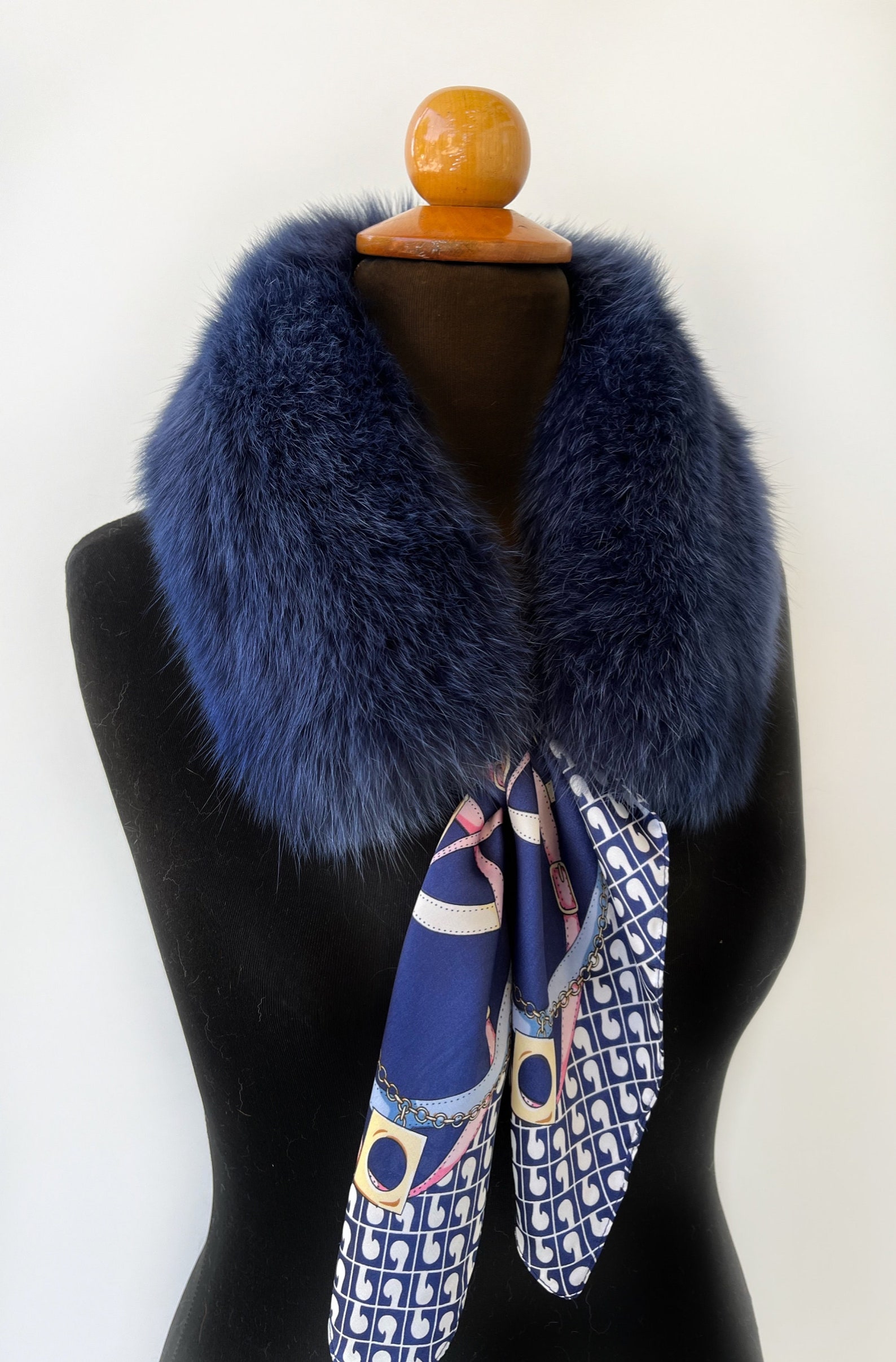 Navy Blue Fox Fur Collar With Removable Scarf, Dark Blue Color Fur ...