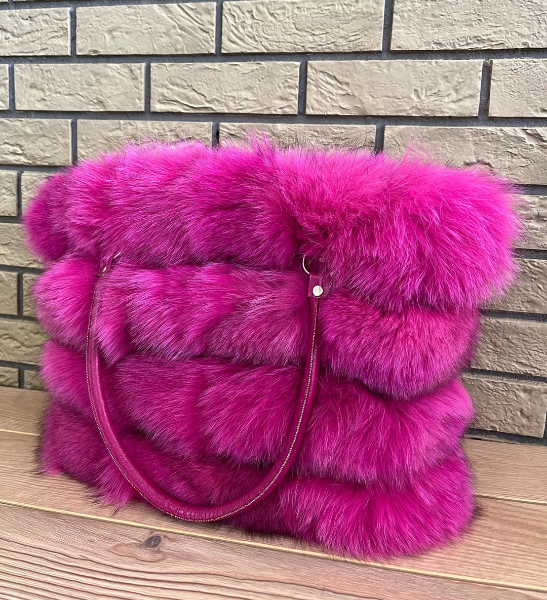 Pink Luxury Fox Fur Handbag, Pink Fox Fur Shoulder Bag Handbag, Women's ...