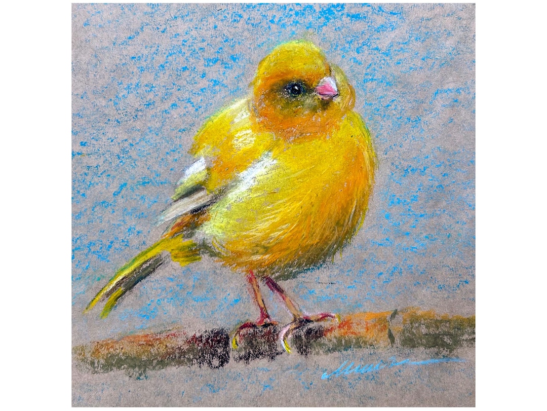 Canary Painting ORIGINAL Yellow Bird Art Animal Oil Pastel Drawing Gift ...