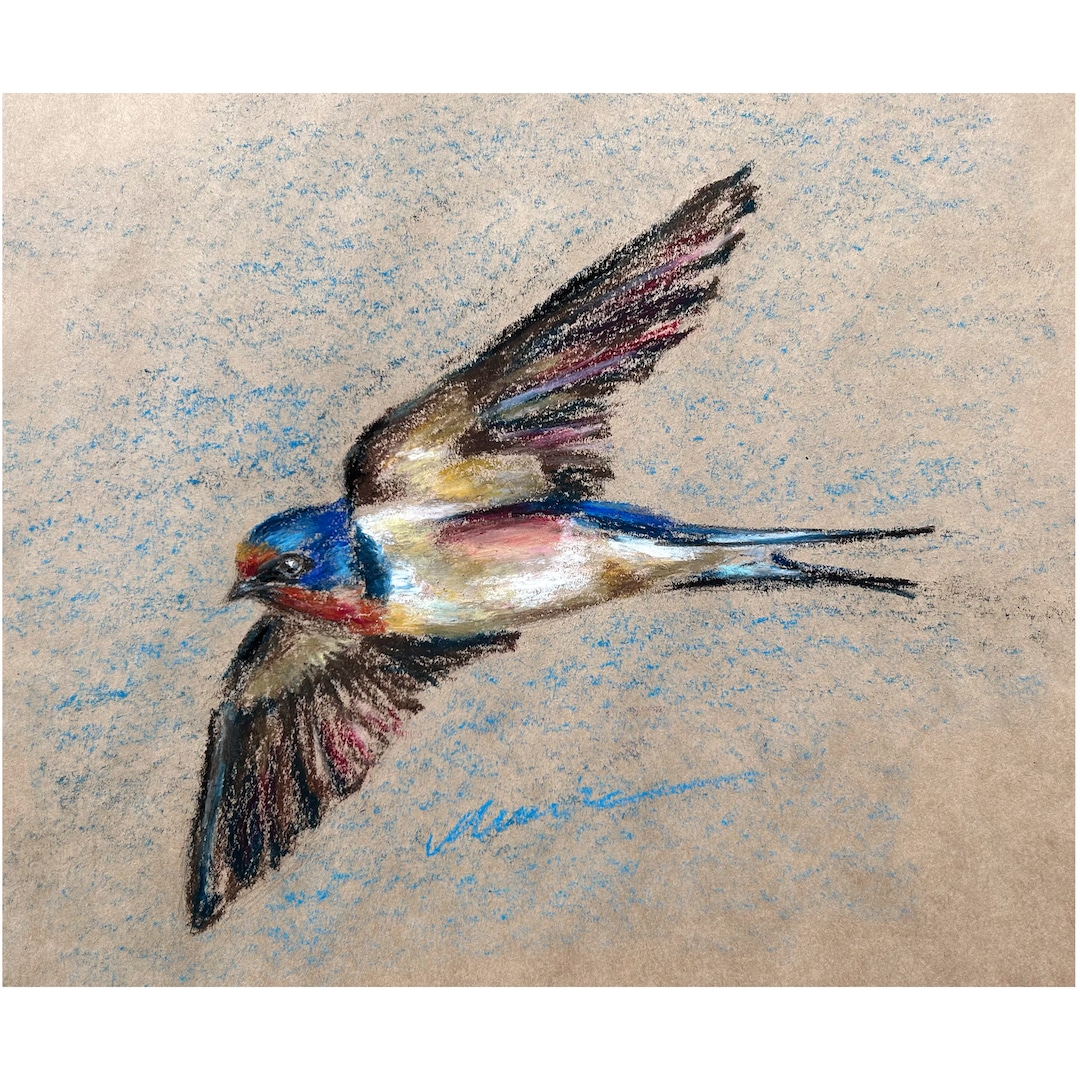 Swallow Painting Bird Original Art Barn Swallow Oil Pastel Draiwing ...