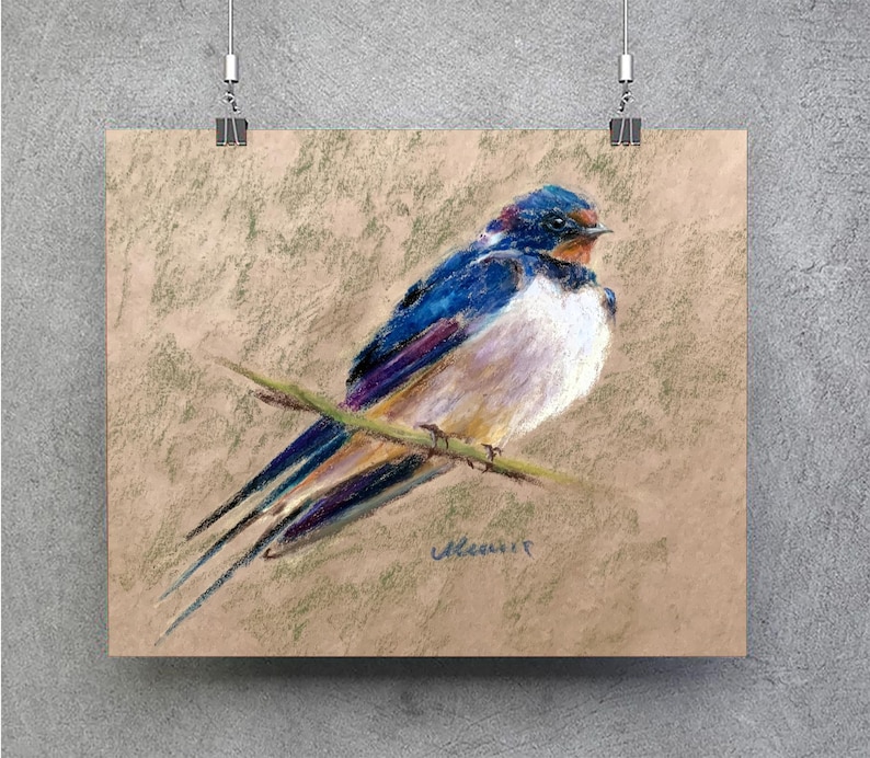 Barn Swallow Painting ORIGINAL Bird Art Oil Pastel Drawing Wall Decor ...