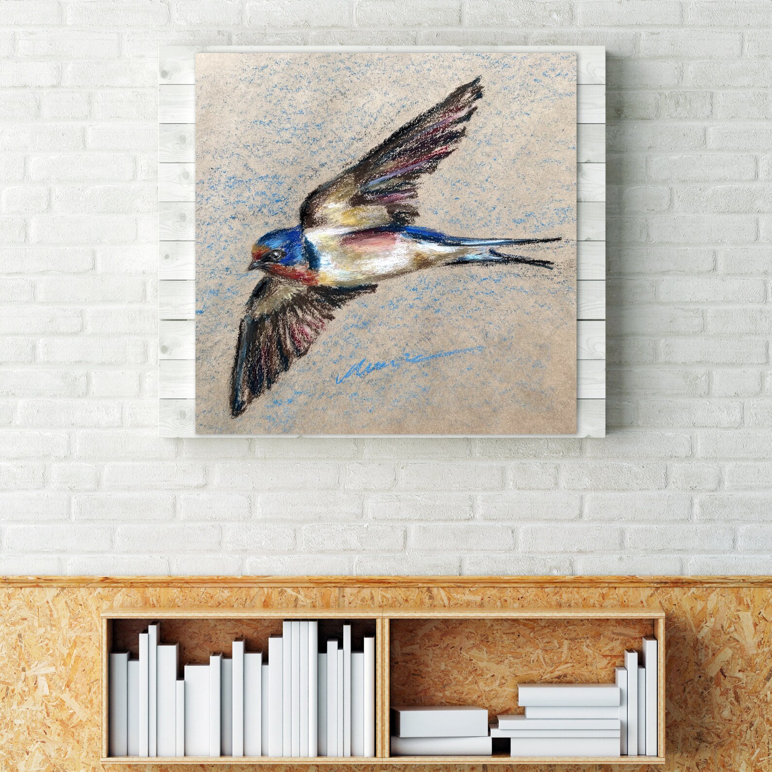 Swallow Painting Bird Original Art Barn Swallow Oil Pastel Draiwing ...