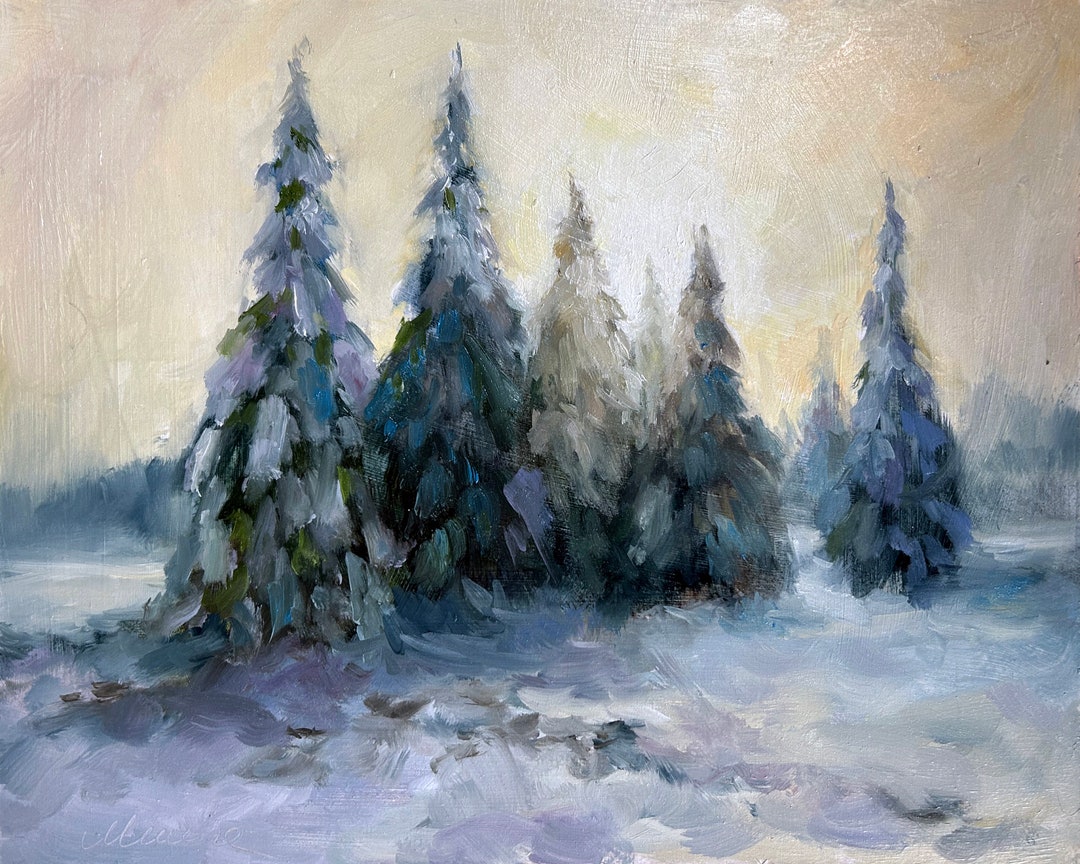 Christmas Painting Snow Tree ORIGINAL Art Small Winter Country Oil ...
