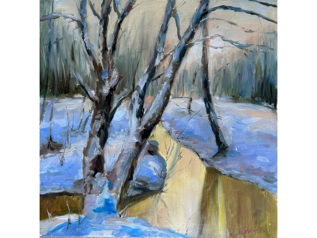Winter Painting Snow Original Art River Artwork Sunset Oil Landscape ...
