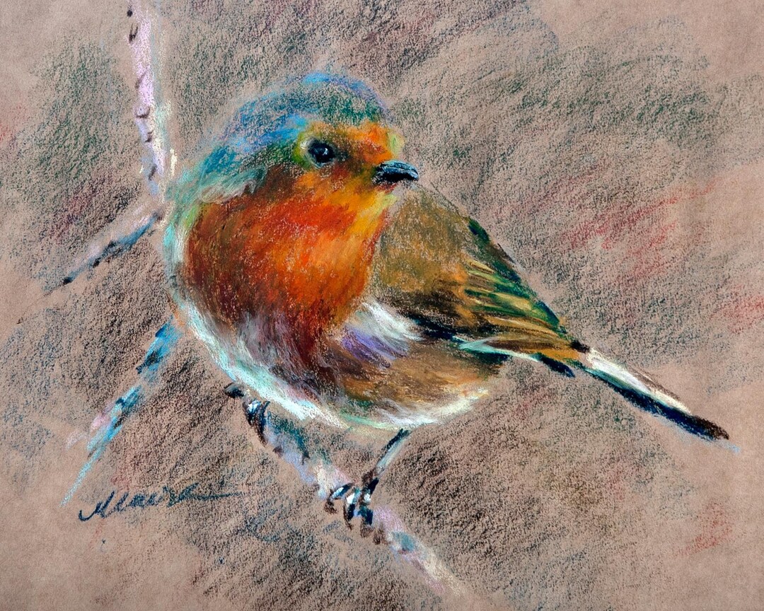Robin Painting: Original Oil Pastel Bird Art on Kraft Paper (8x10'') - Etsy