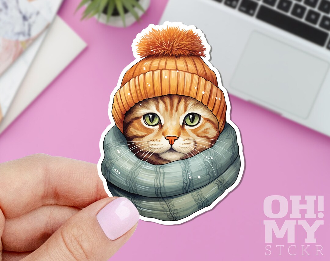 Cat Hat Sticker, Animal Sticker, Cute Kitten Sticker, Winter Sticker ...