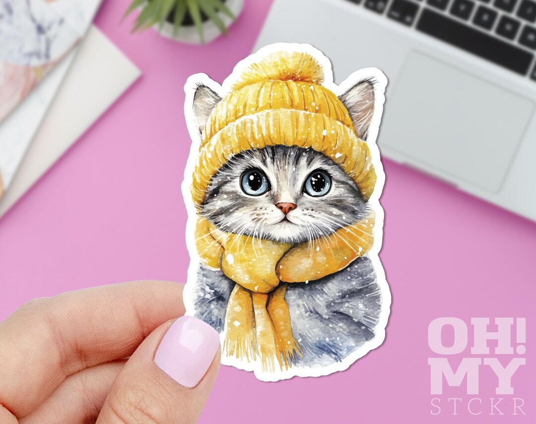 Cat Hat Scarf Sticker, Cute Kitten Sticker, Animal Sticker, Winter ...