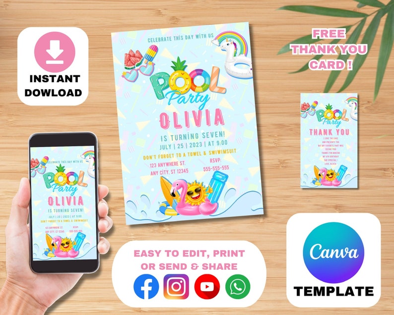 Editable Pool Party Invitation Template, Pool Party Invite, Pool Party ...