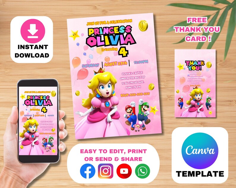 Princess Peach Mario Invitation Card, Mario Bros Invite Party, Girl ...