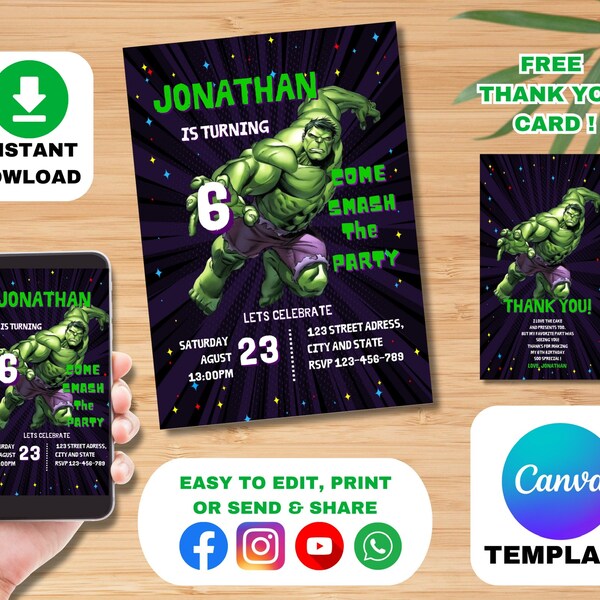 Editable Hulk Birthday Invitation - Etsy