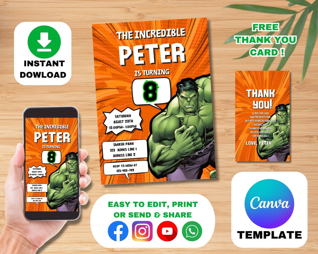 INSTANT DOWNLOAD, Hulk Birthday Invitation, the Incredible Hulk ...
