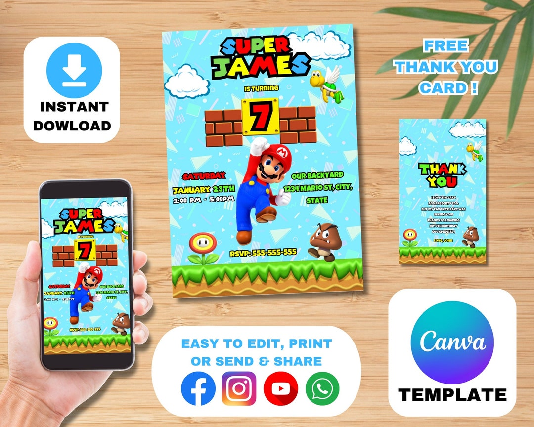 Super Mario Invitation Card Mario Bros Invite Party Boy - Etsy.de
