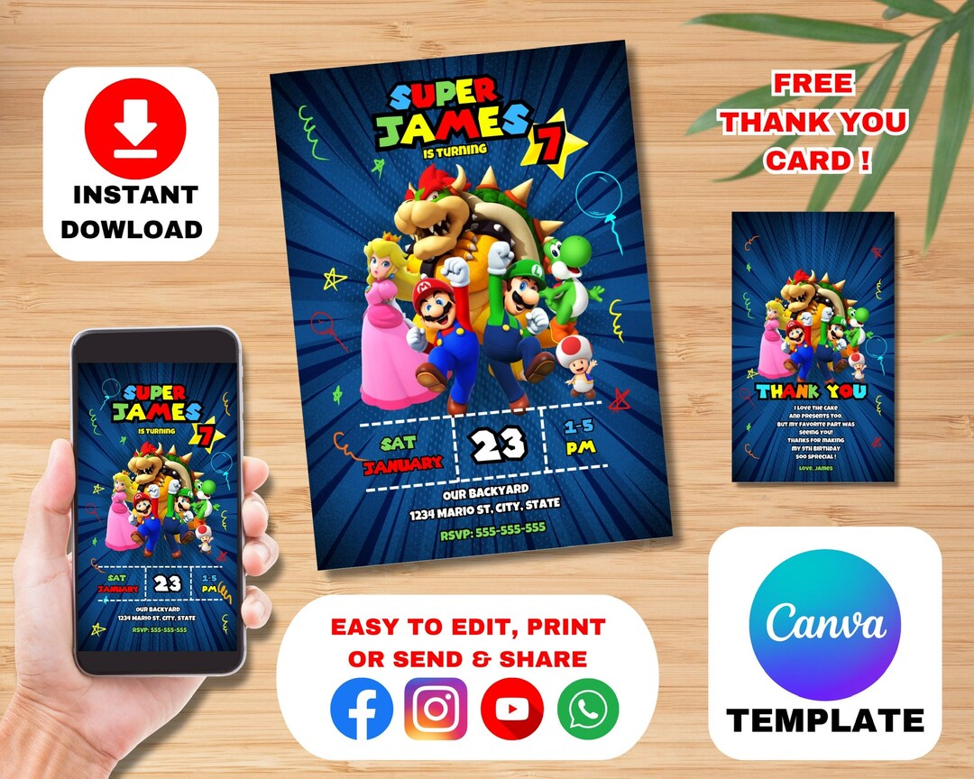 Super Mario Invitation Card, Mario Bros Invite Party, Boy Invite ...