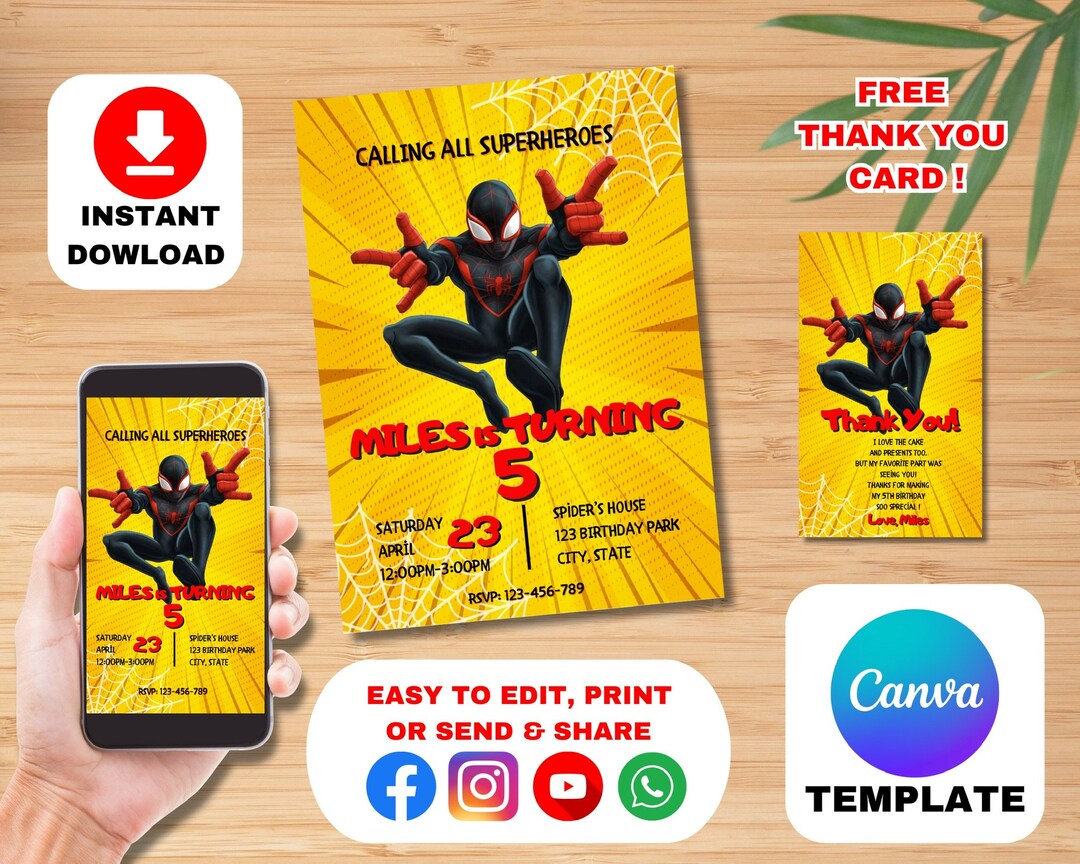 Miles Morales Birthday Invitation, Spiderman in to the Spiderverse ...