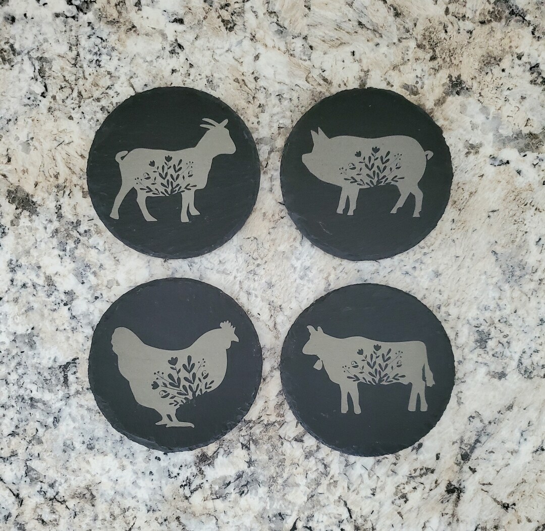 Round Slate Floral Farm Animals Coasters Set of 4 - Etsy