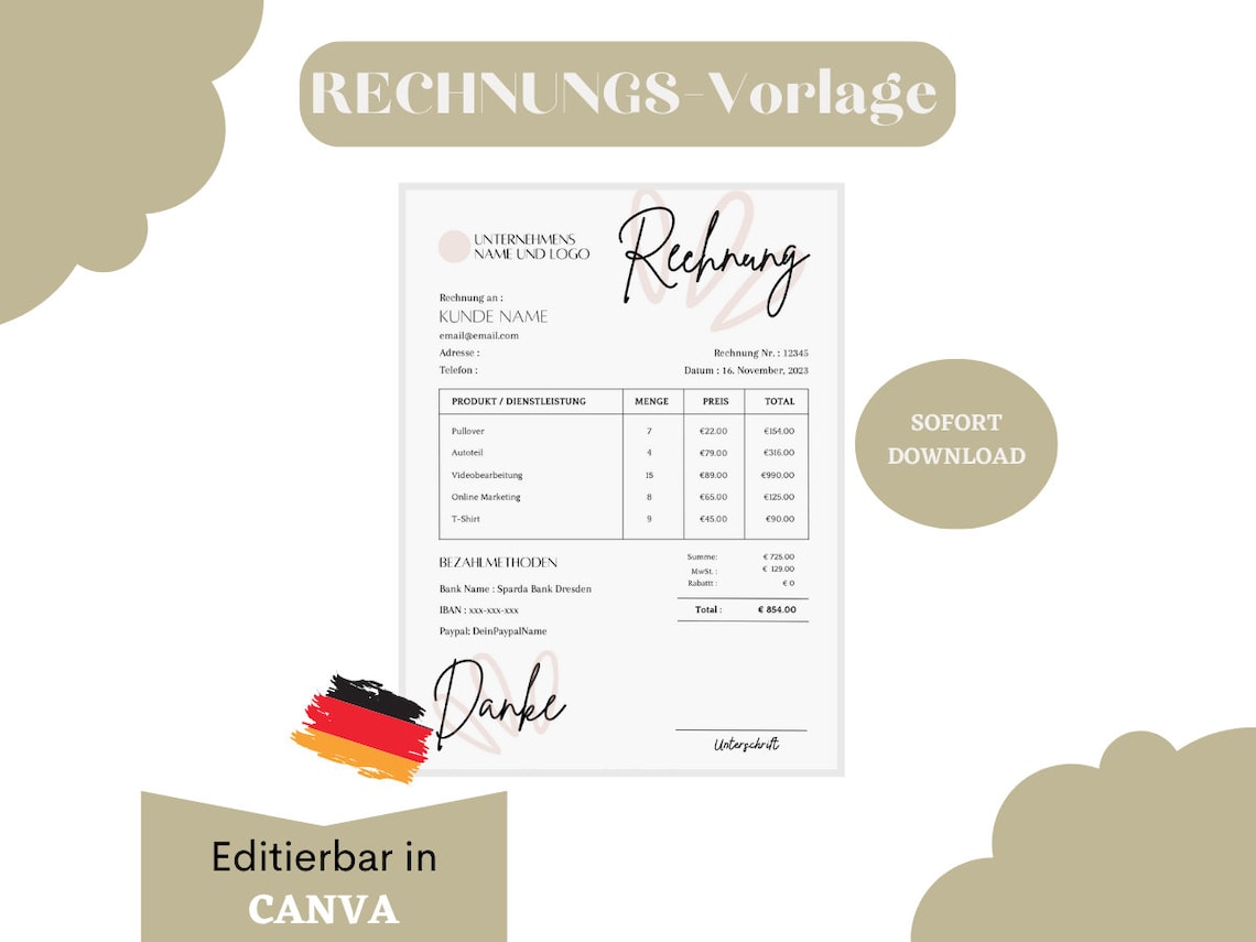 INVOICE Template - Invoice Template German - Editable Template for ...