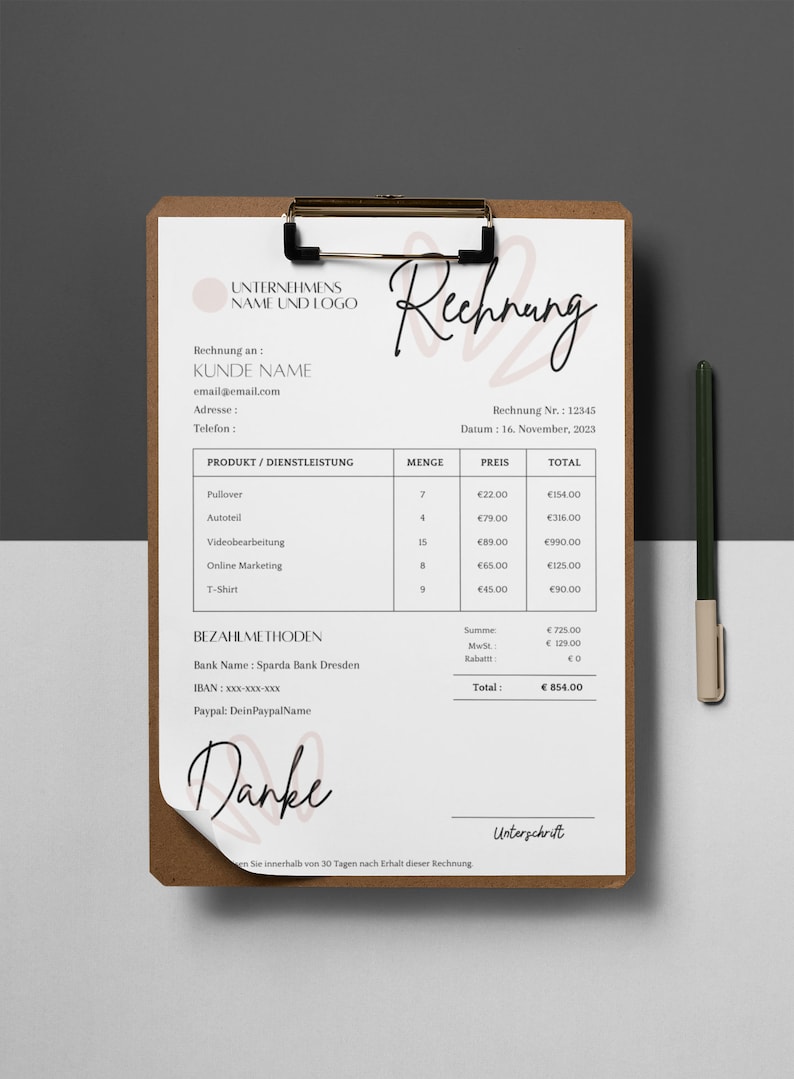 RECHNUNG Vorlage - Rechnungsvorlage Deutsch - Editierbare, Bearbeitbare ...